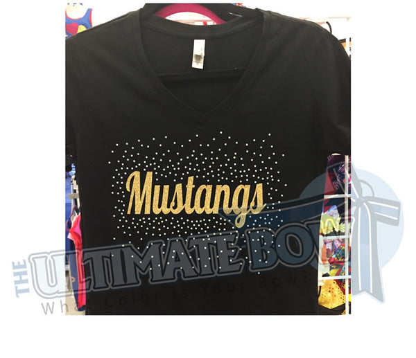 Jupiter Mustangs - Glitter and Rhinestone V-Neck Relaxed T-shirt